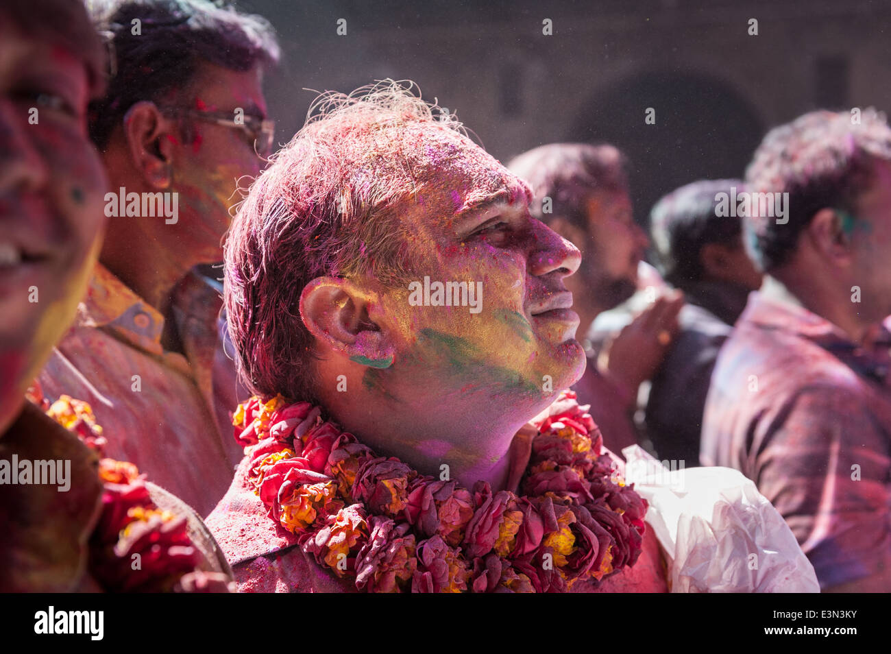 Coloured man during celebrations of Holi festival, Vrindavan, India ...