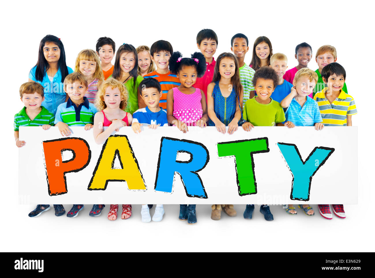 Diverse Cheerful Children Holding the Word Party Stock Photo - Alamy