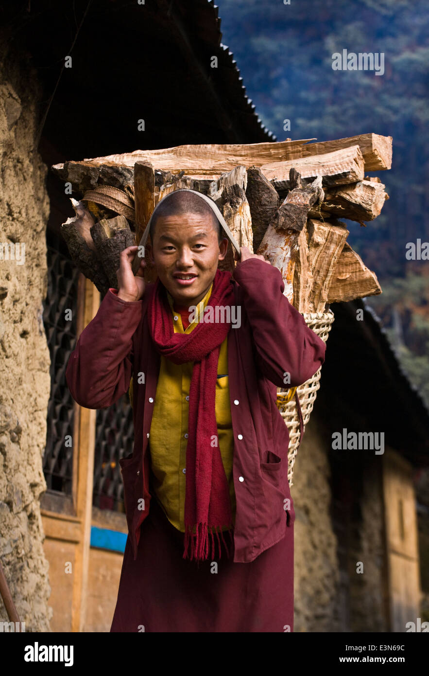 A MONK hauls FIREWOOD to his remote TIBETAN BUDDHIST MONASTERY - NEPAL ...