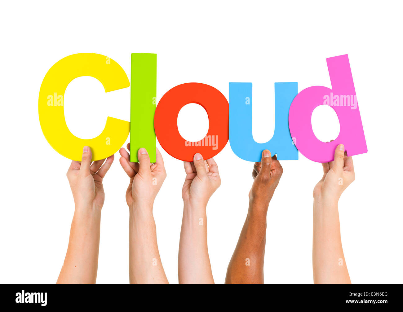 Multiethnic Hands Holding Colorful Letters To Form Cloud Stock Photo ...