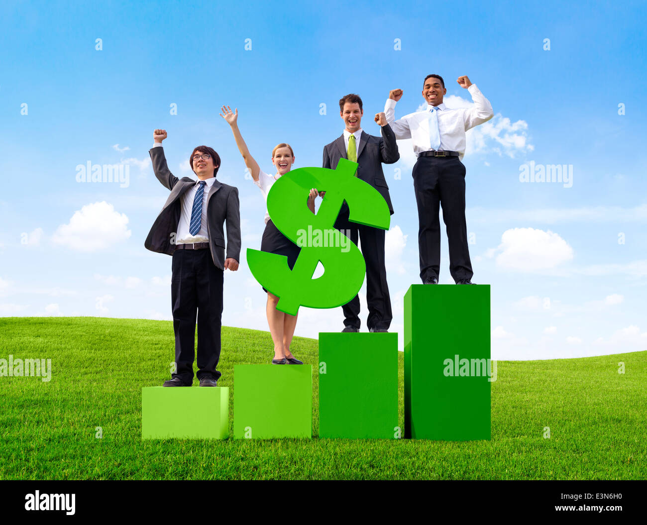 Business People Arms Raised with Dollar Sign on the Bar Graph Stock ...