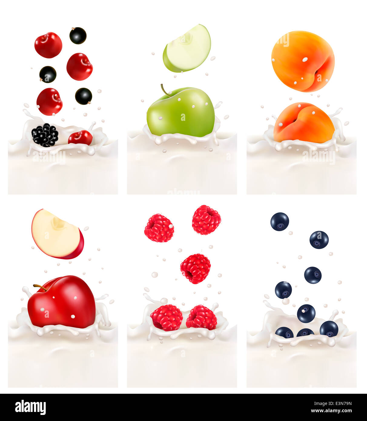 Colorful fresh fruits falling into the milky splash. Vector ...