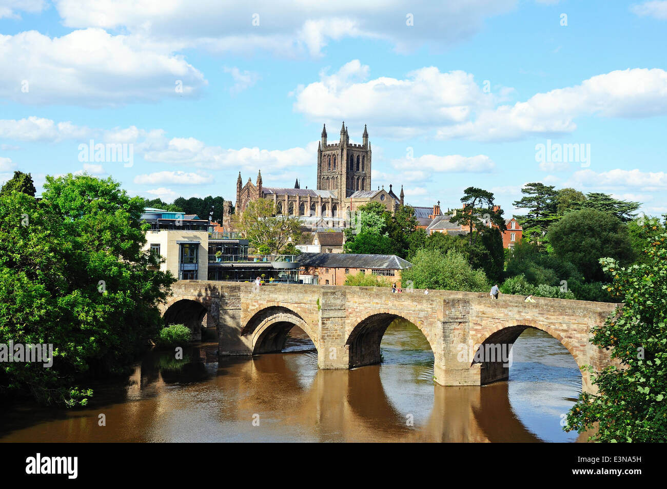 View of the Cathedral, the Wye Bridge and the River Wye, Hereford ...