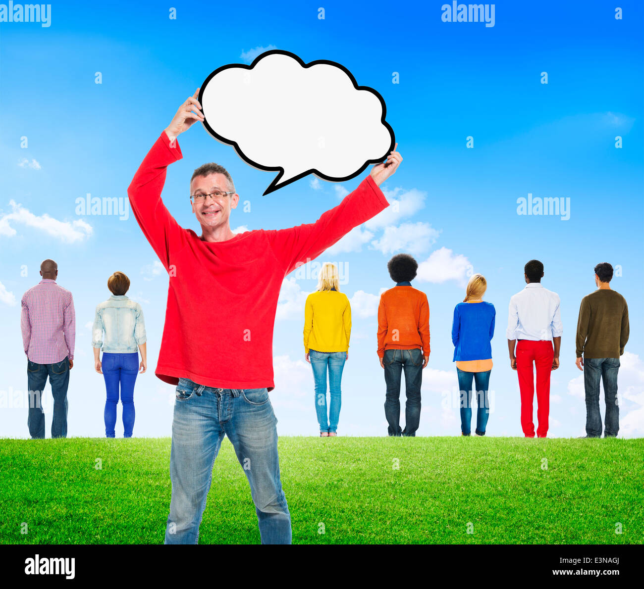 Back View Of multiethnic People And A Man Holding Empty Speech Bubble ...