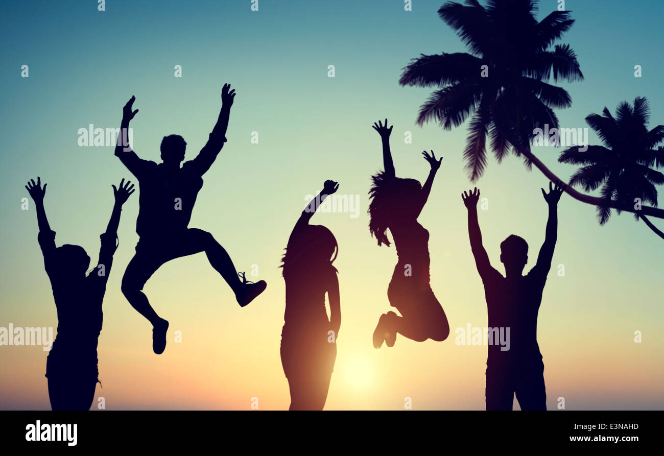 Silhouettes of Young People Jumping with Excitement Stock Photo - Alamy