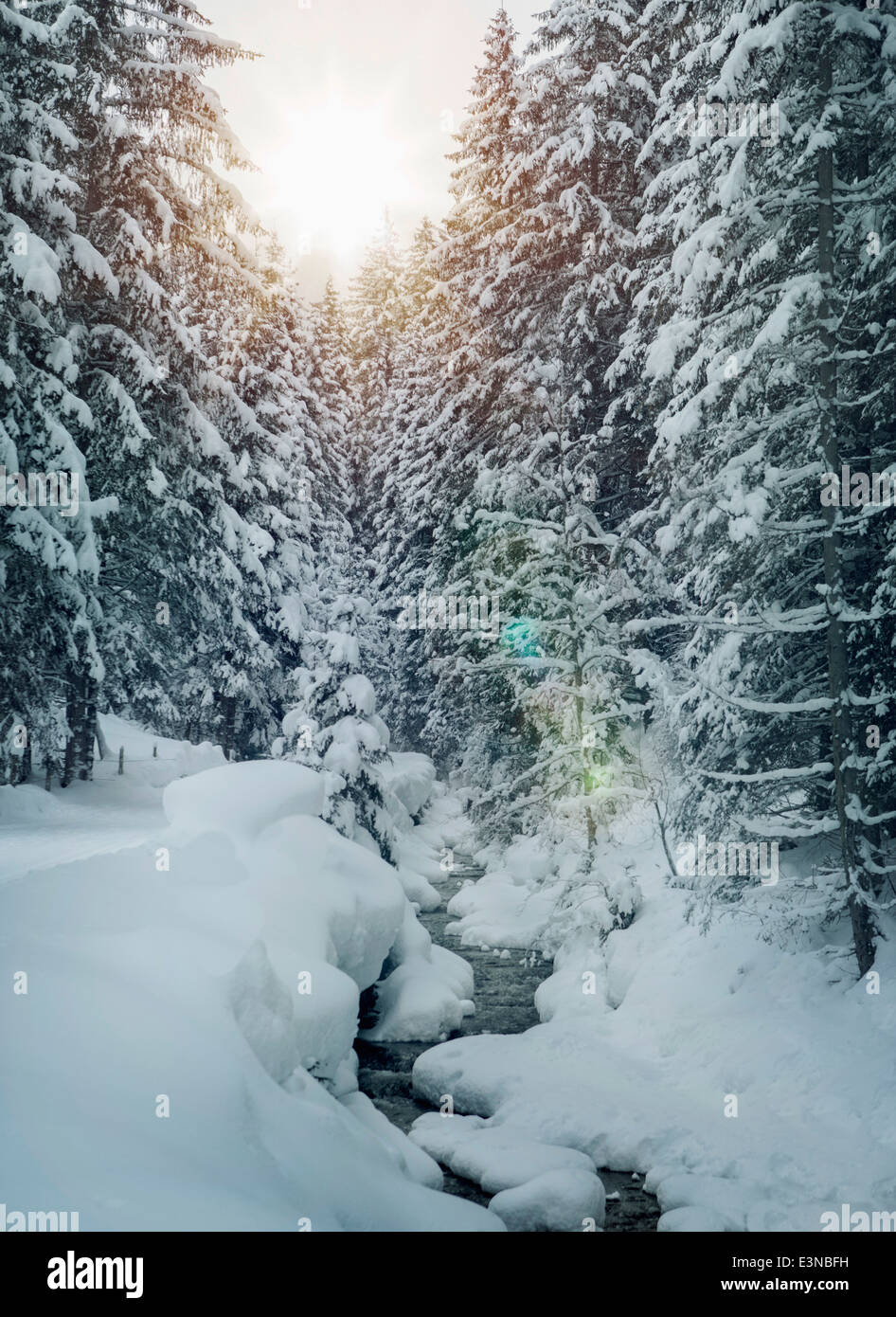 Stream passing through snowy landscape Stock Photo - Alamy