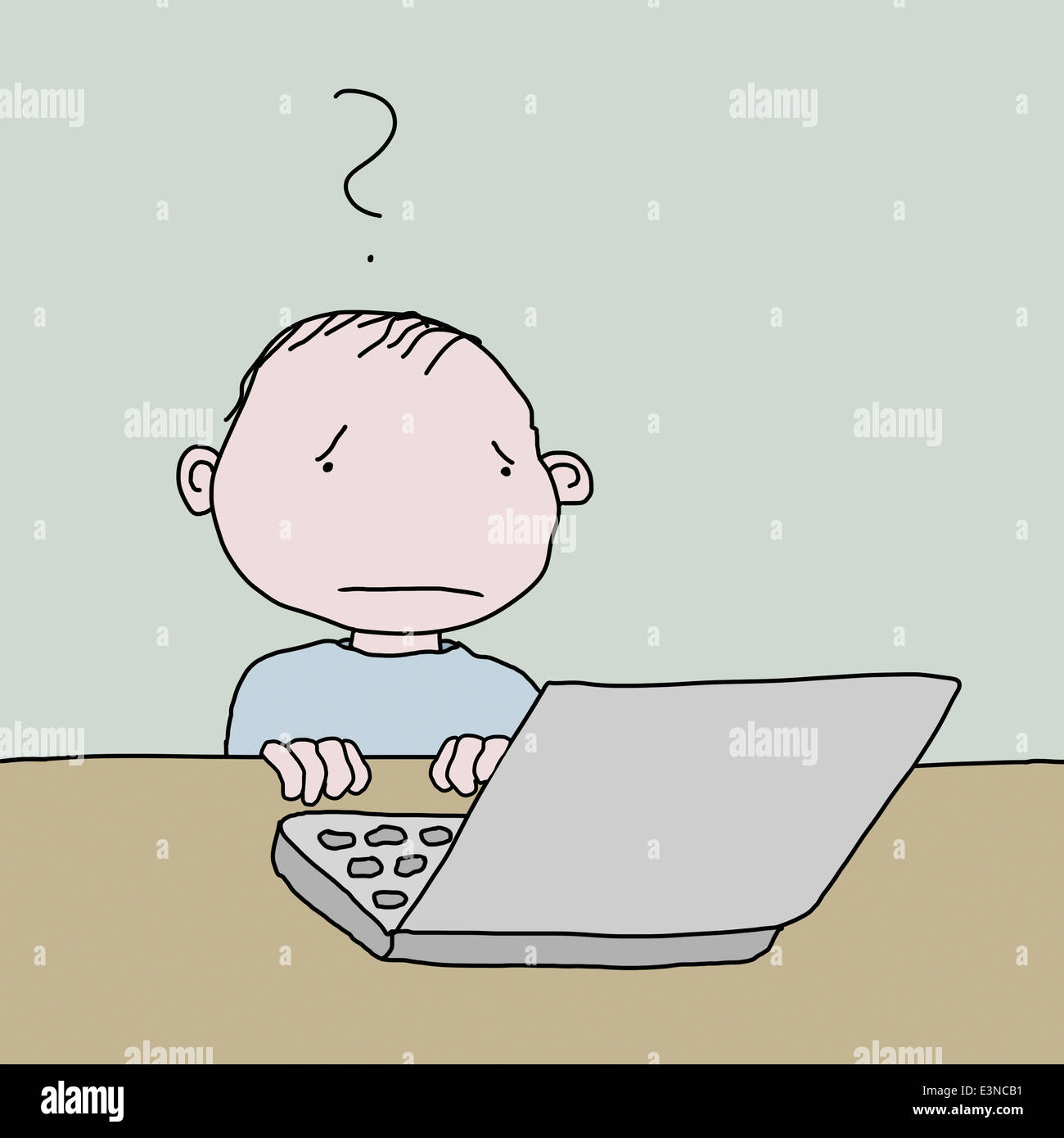 Illustrative image of confused boy using laptop at table Stock Photo ...