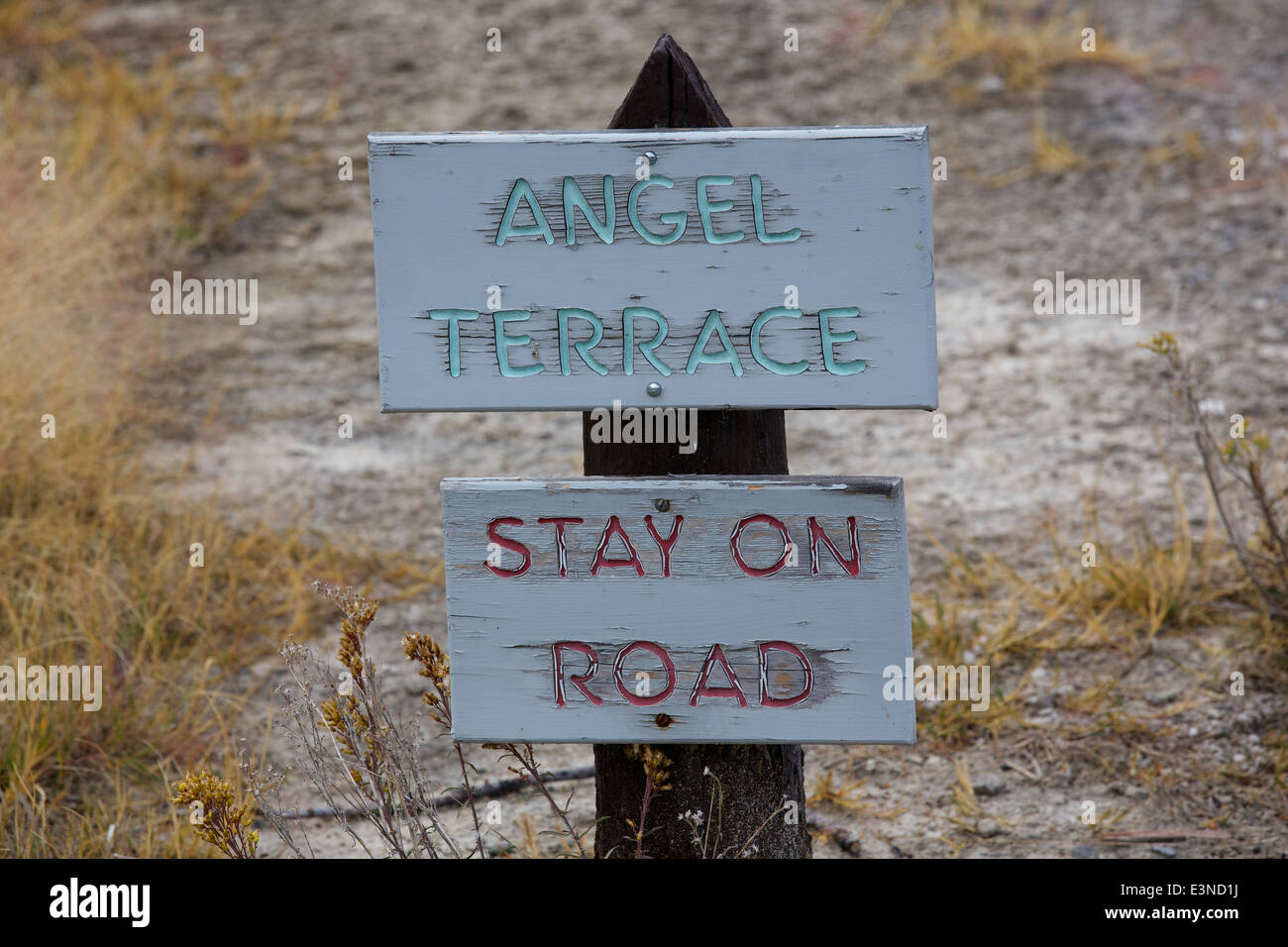 Signage for Angel Terrace at Mammoth Hot Springs warning of the danger ...