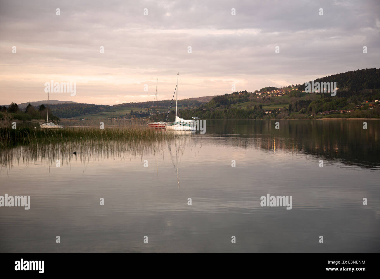 Sunset over French Lake Saint Point, Saint Point Lac, Franche Comté ...