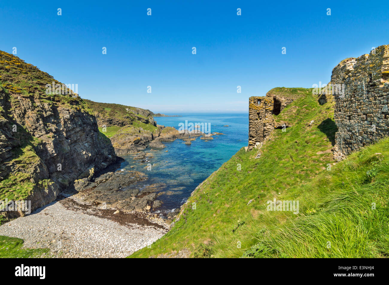 FINDLATER CASTLE REMAINS OF THE RUIN AND A SEA COVE WITH CLEAR BLUE SEA ...