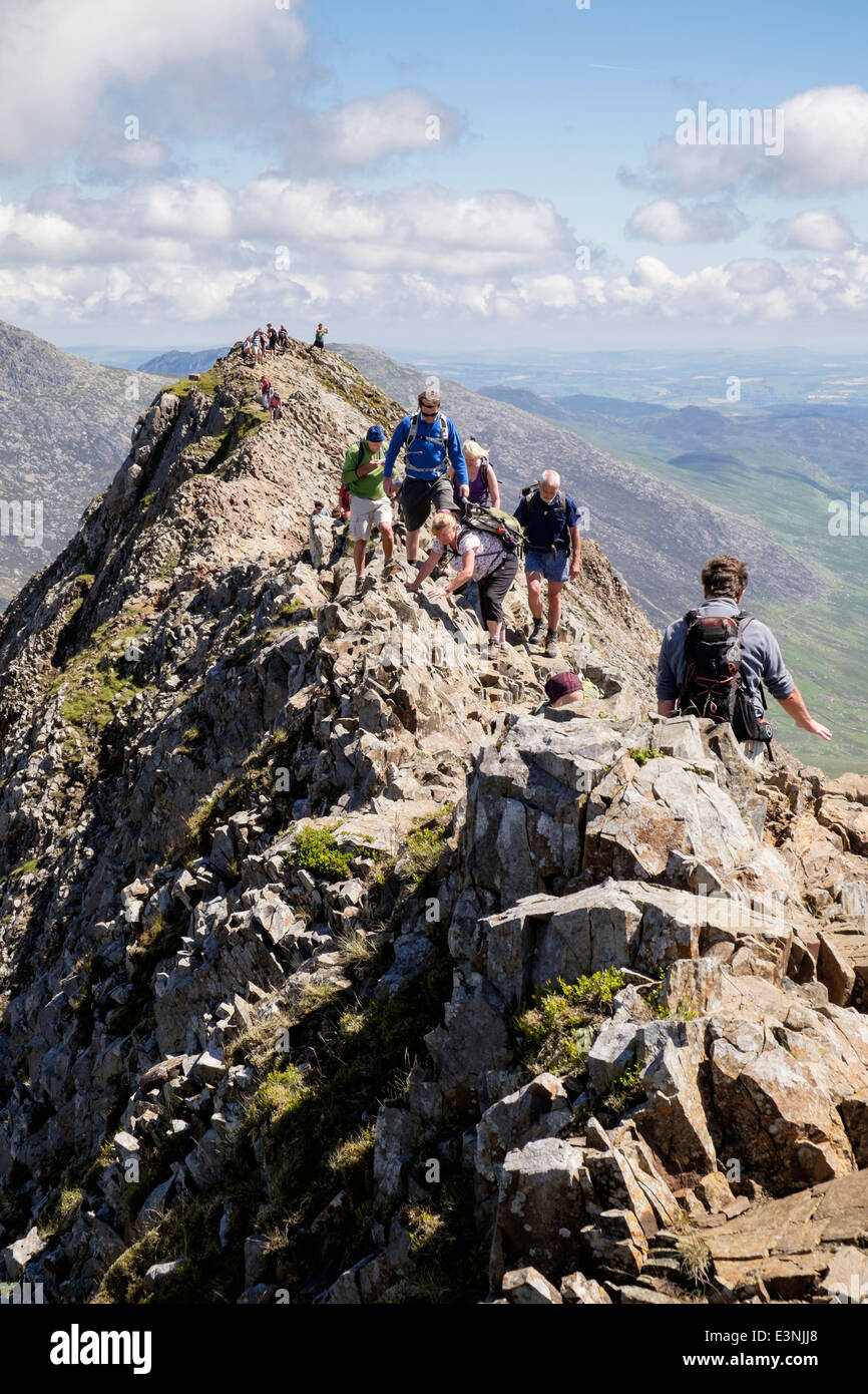 View back along Crib Goch ridge scramble with hikers scrambling at ...