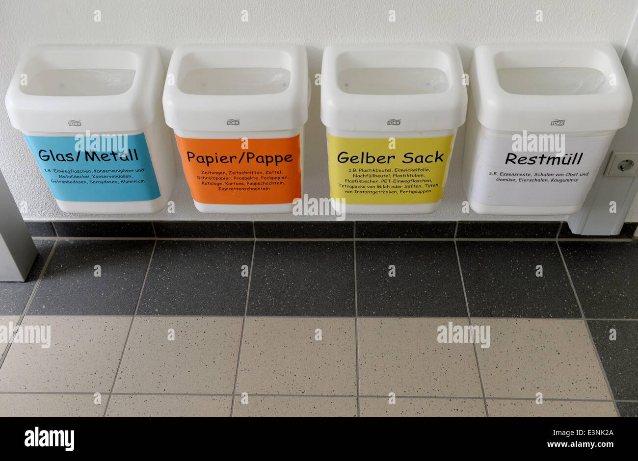 Different garbage cans for waste separation, Germany, 19. June 2014 ...