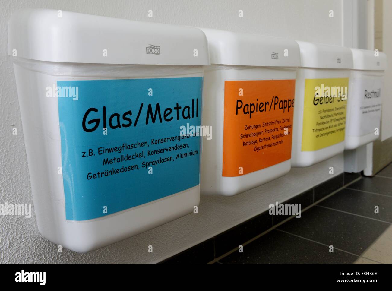 Different garbage cans for waste separation, Germany, 19. June 2014 ...