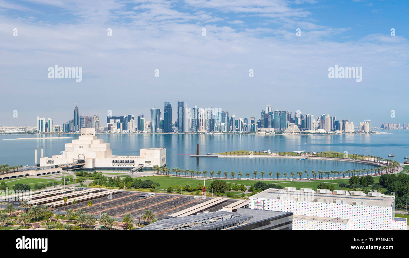 Doha, Qatar, elevated view over Museum of Islamic Art and Dhow harbour ...
