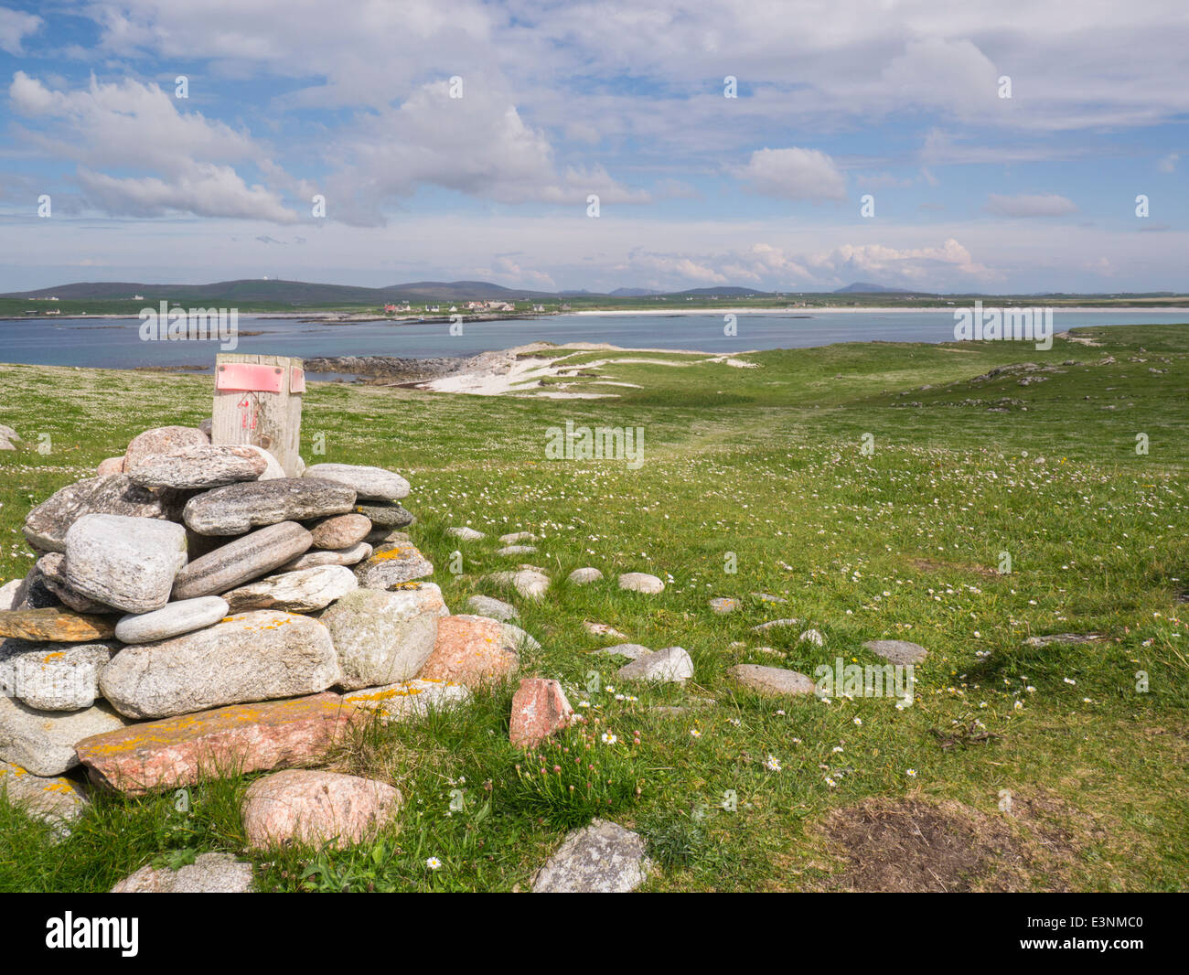 Stone cairn marking visitor trail in Balranald Nature Reserve North ...