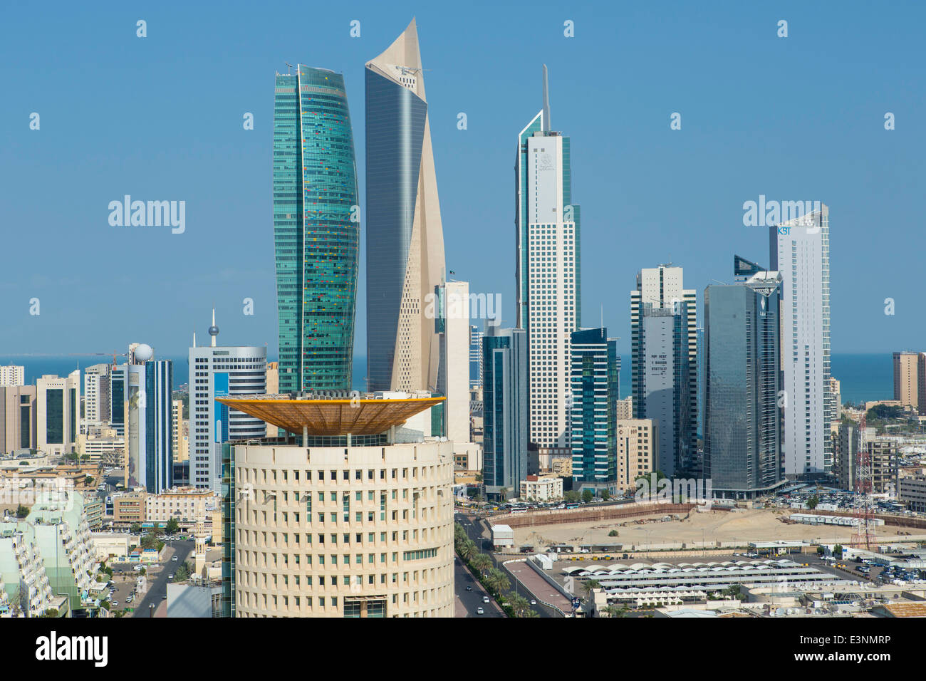 Kuwait, modern city skyline and central business district, elevated ...