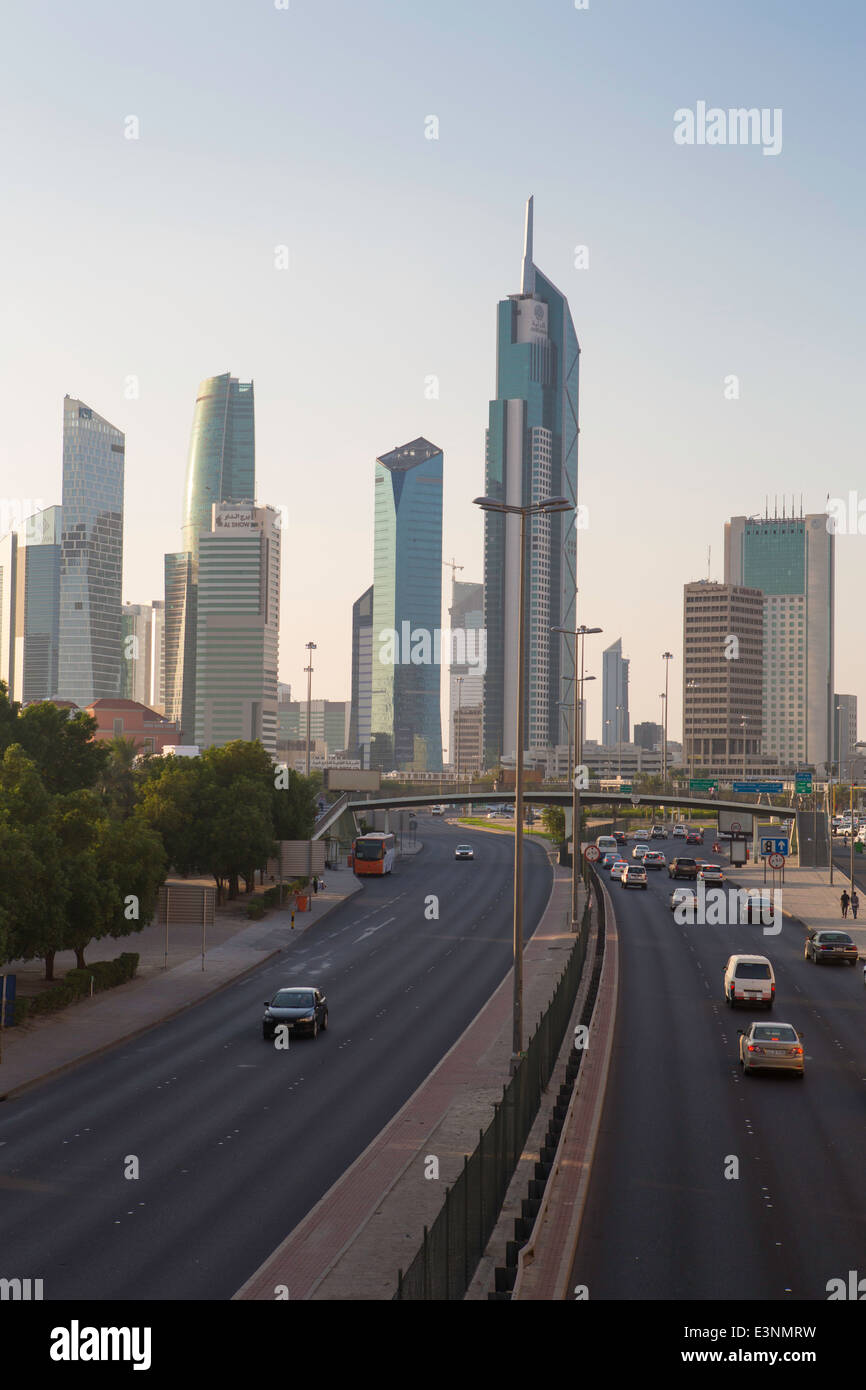 Kuwait, modern city skyline and central business district, elevated ...
