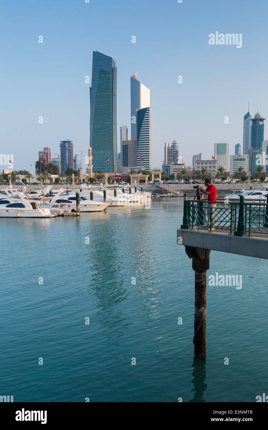 Kuwait, city skyline viewed from Souk Shark Mall and Kuwait harbour ...