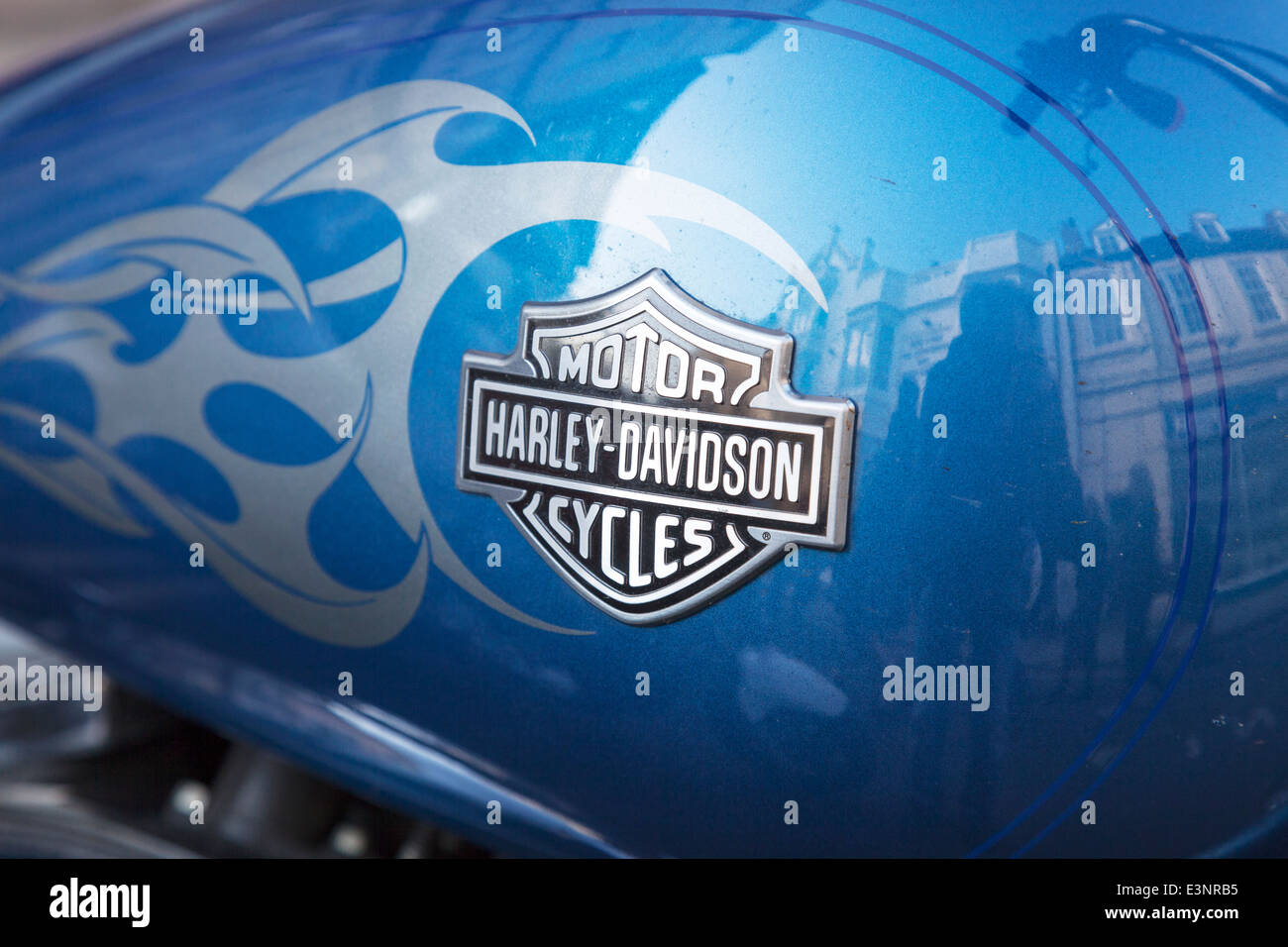 Harley Davidson motorbike motor cycle bike parked blue tank badge ...