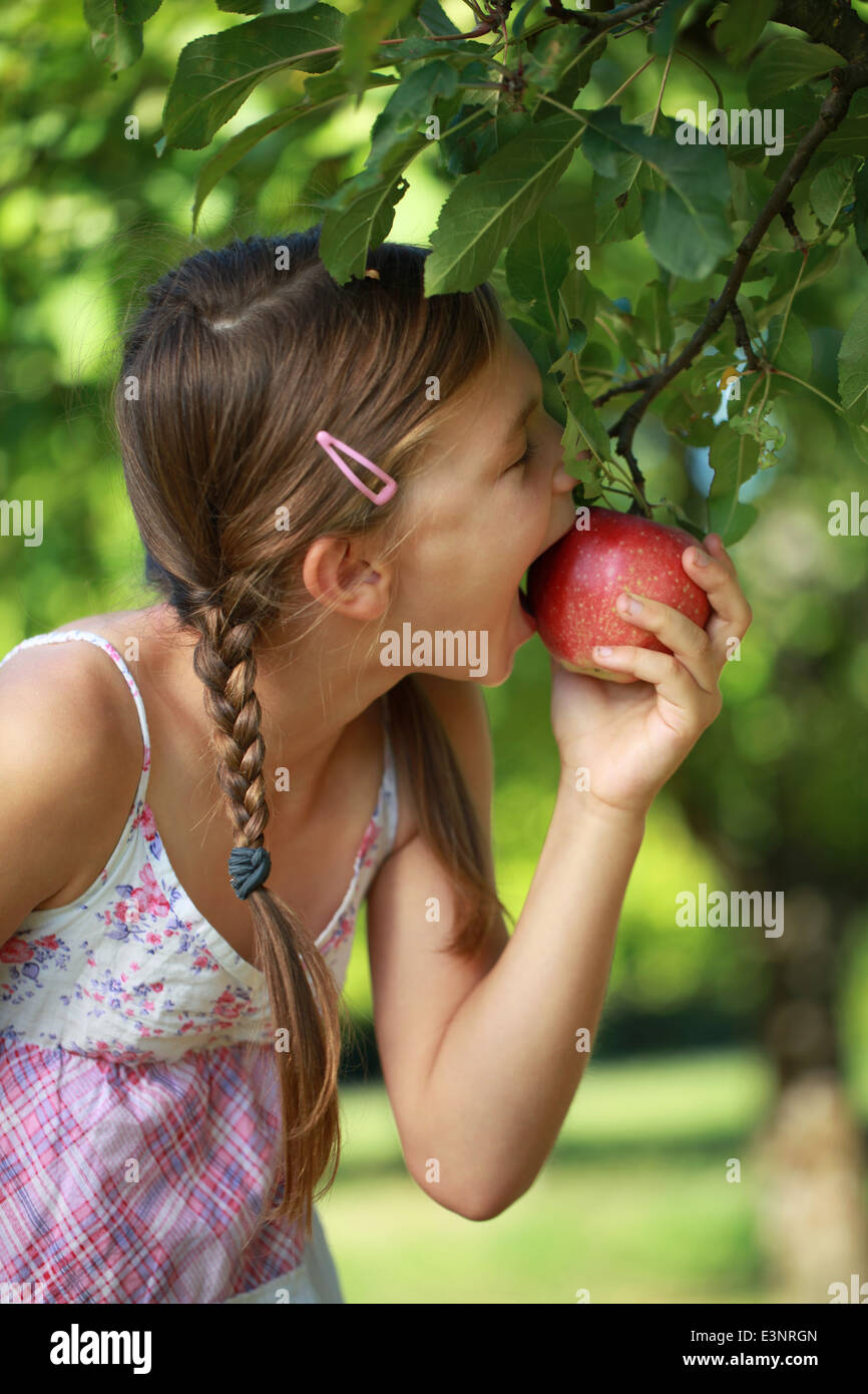 Little girl biting into an apple from an apple tree. Shallow depth of ...