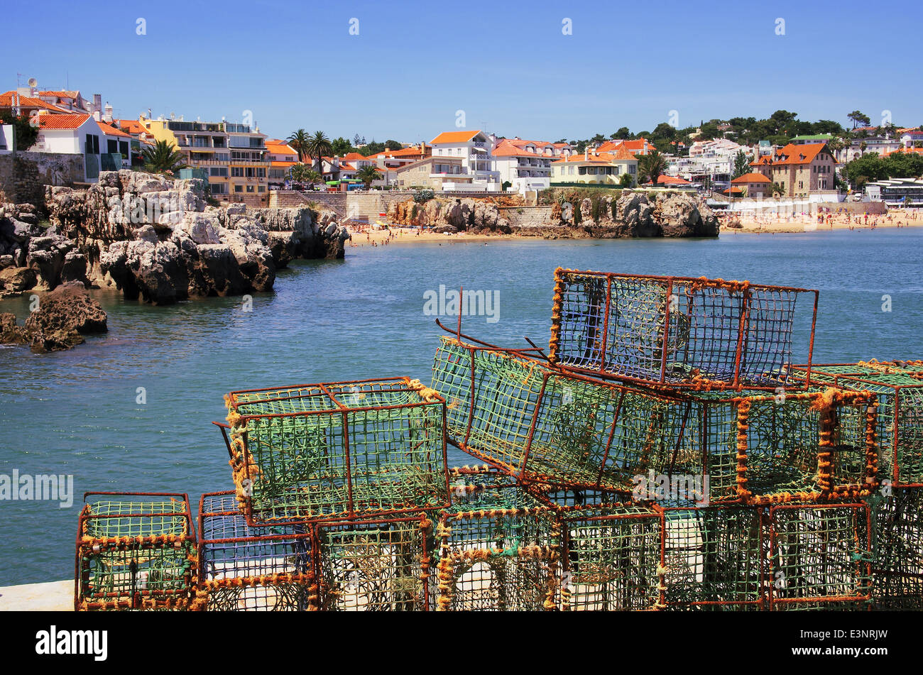 Fishing traps in a port and overall view of the beautiful touristic ...