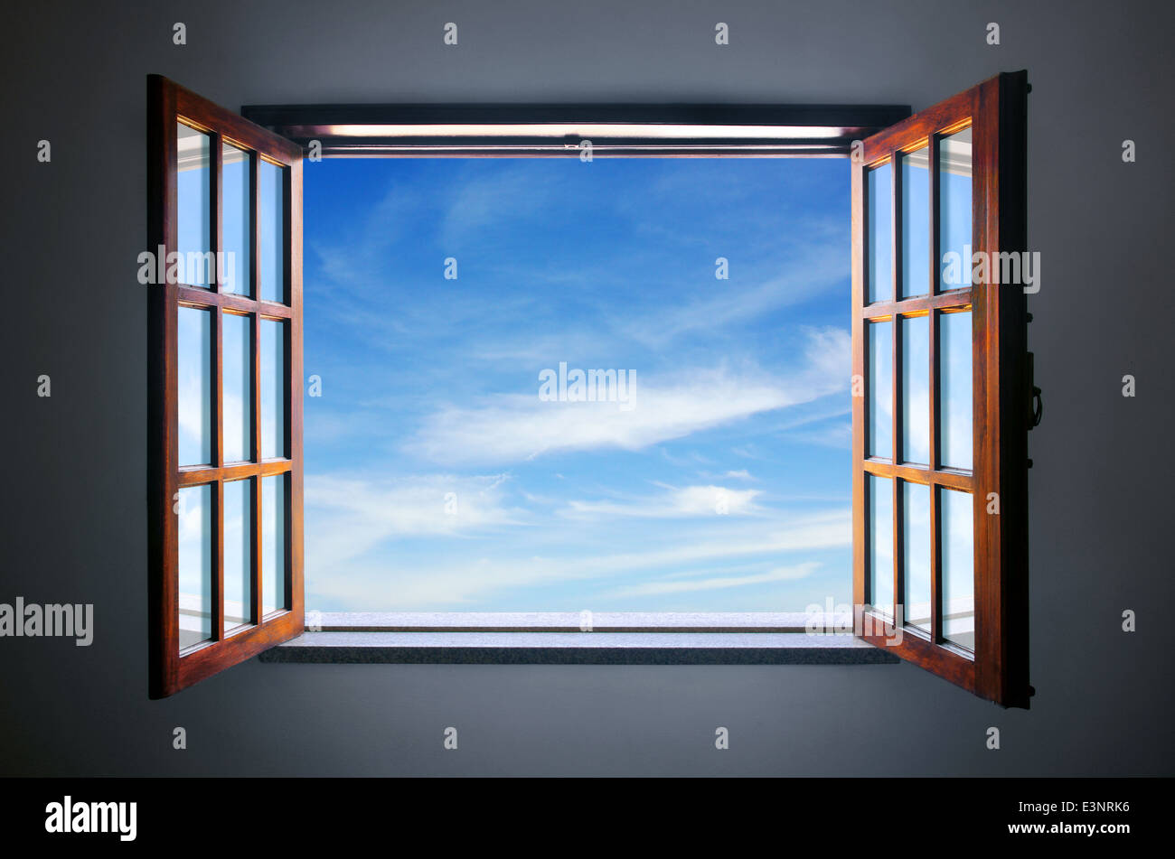 Wide open rustic window showing a blue sky outside Stock Photo - Alamy