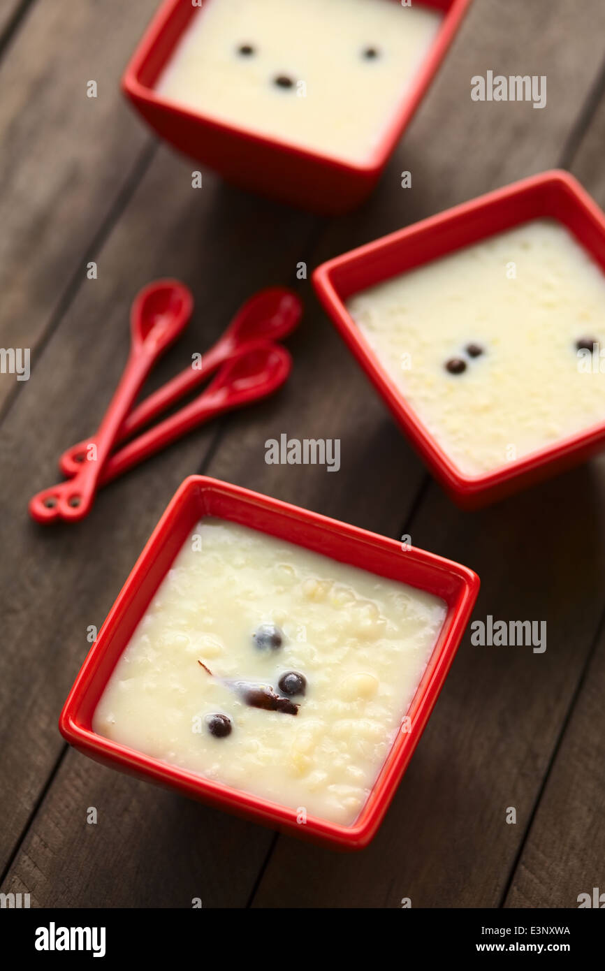 Three red bowls of the Ecuadorian dessert called morocho (coarsely ...