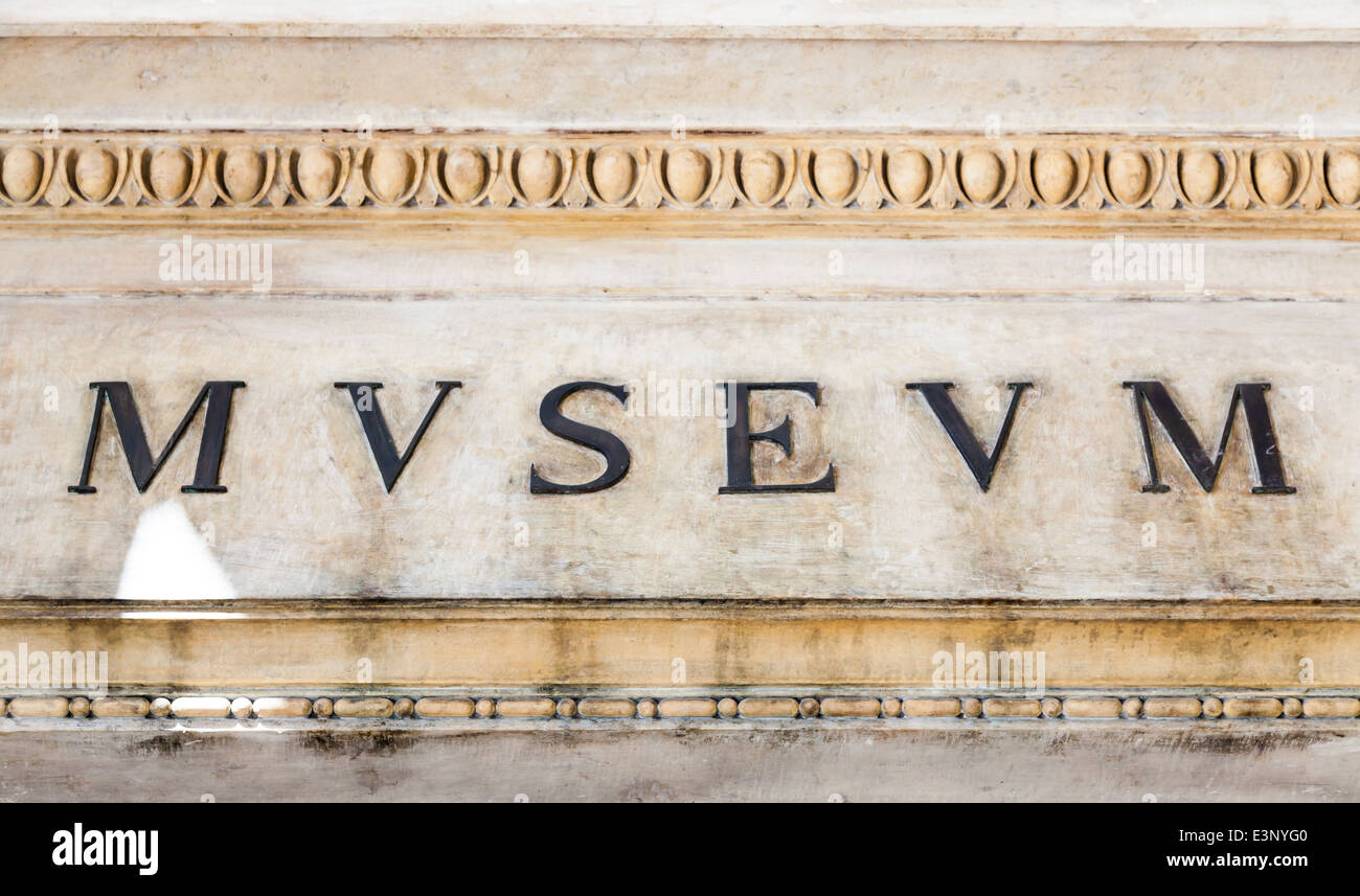Entrance of an ancient museum, letters on original marble Stock Photo ...