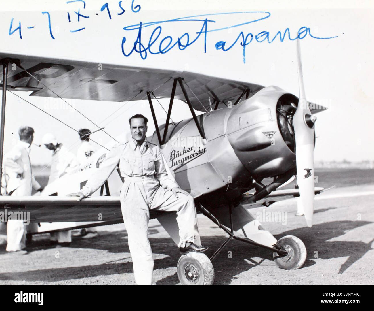 A historical image of Alex Papana flying a Bücker Bu 133 Jungmeister, a ...