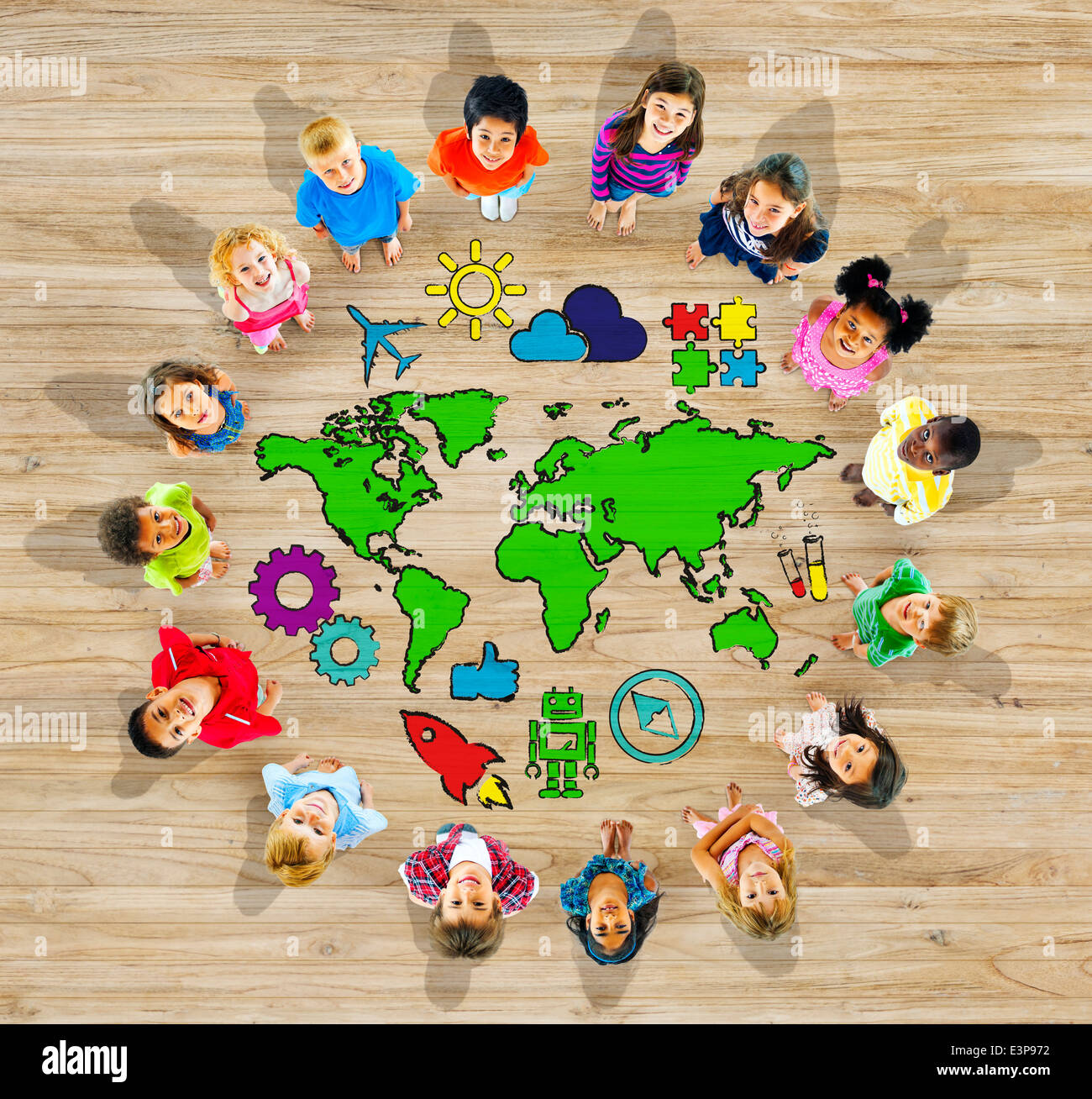 Group of Children and World Map Stock Photo - Alamy