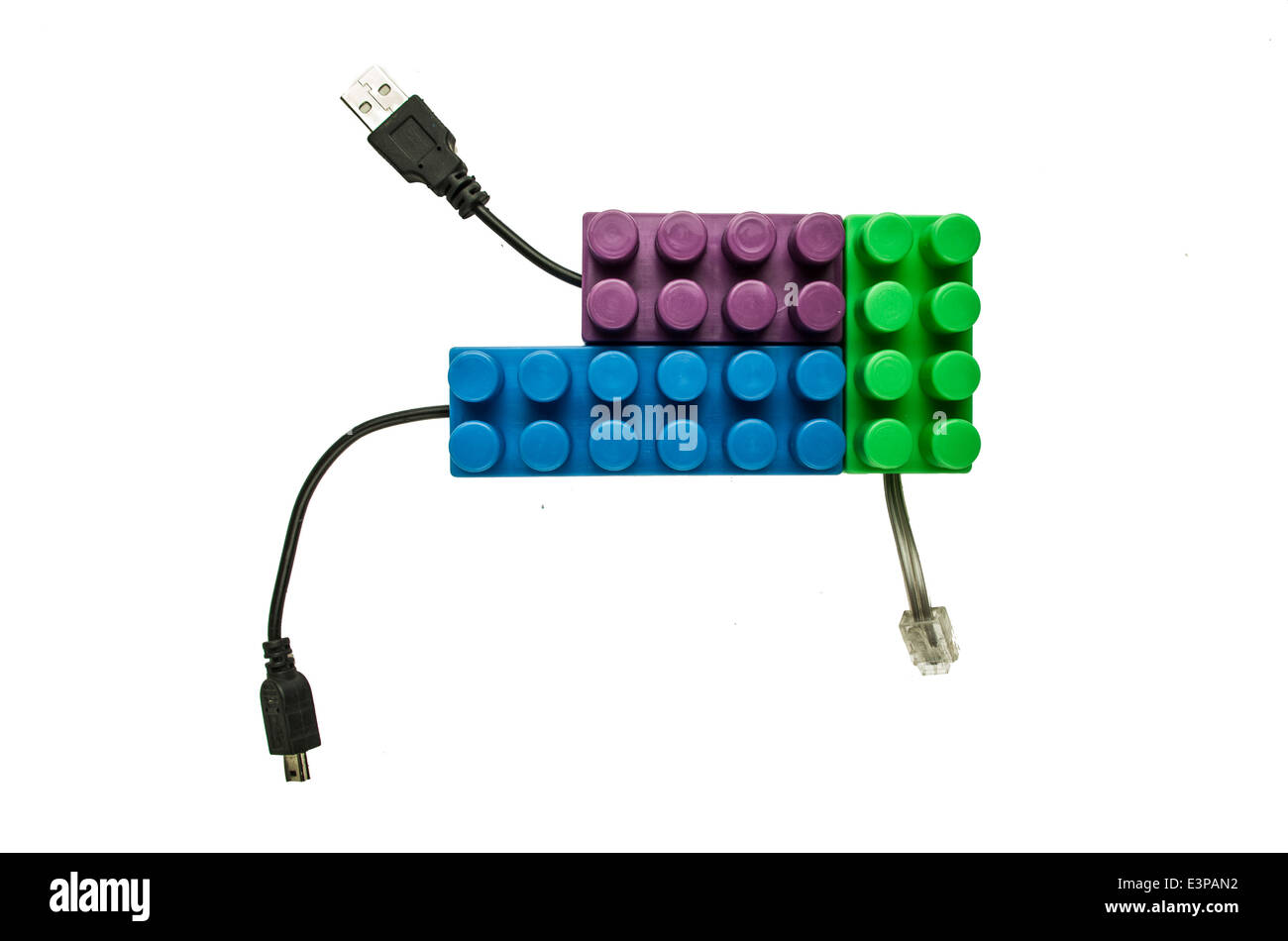purple blue green lego connected to usb and phone cables Stock Photo ...