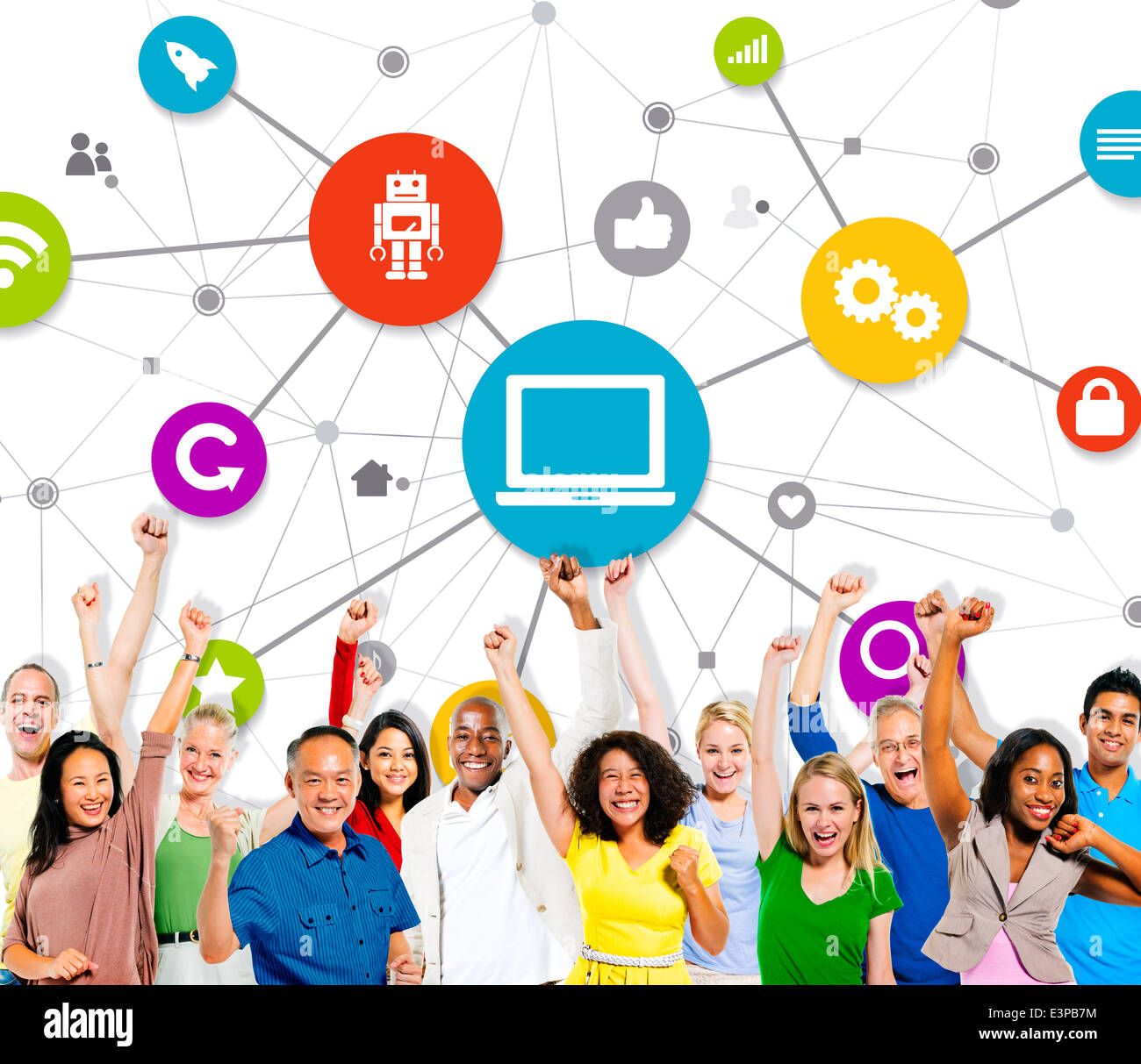 Happy Group Of Multi-Ethnic People Arms Raised And Internet Related ...