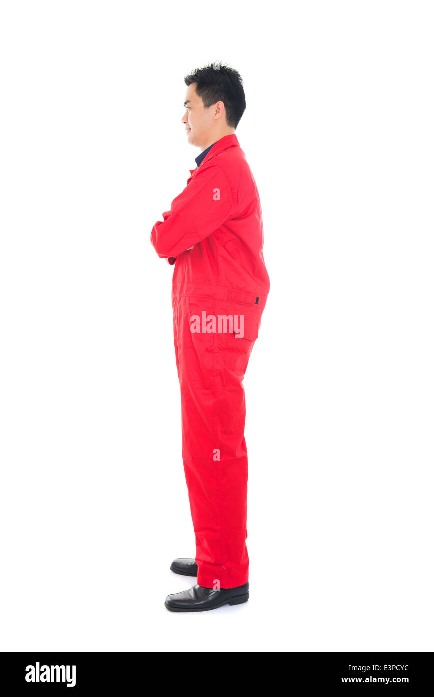 asian male engineer in red uniform and white background Stock Photo - Alamy