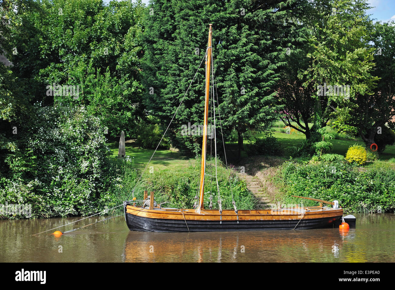 Traditional wooden sailing boat on River Wye, Hereford, Herefordshire ...