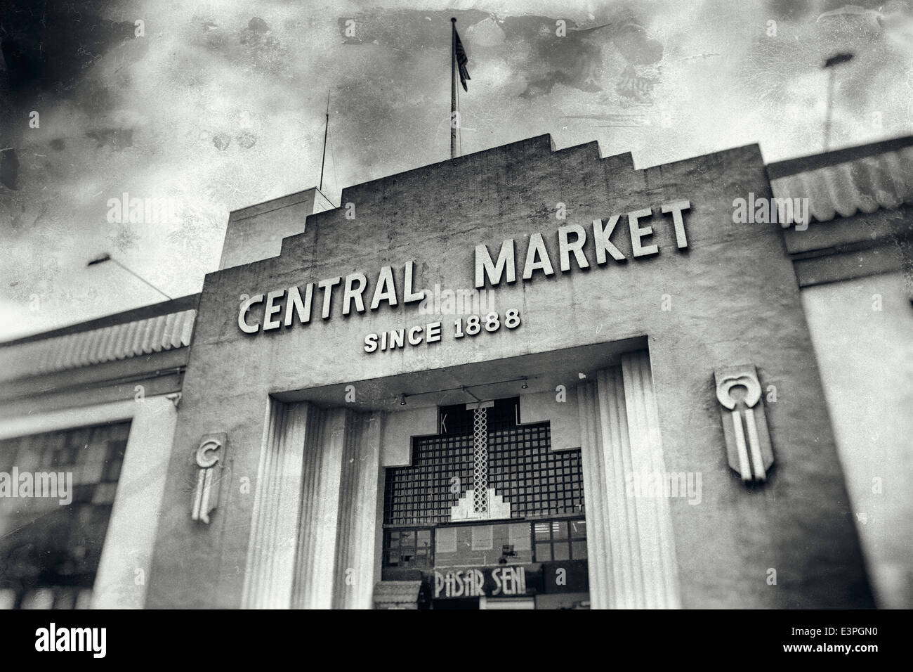 Vintage stylie image of the Central Market in Kuala Lumpur. (Grain and ...