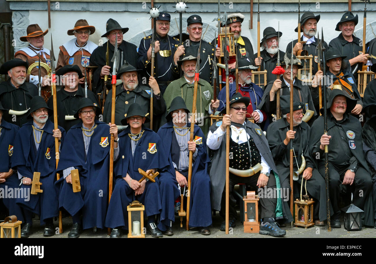 Night guards and watchmen, wearing their traditional uniforms from nine ...