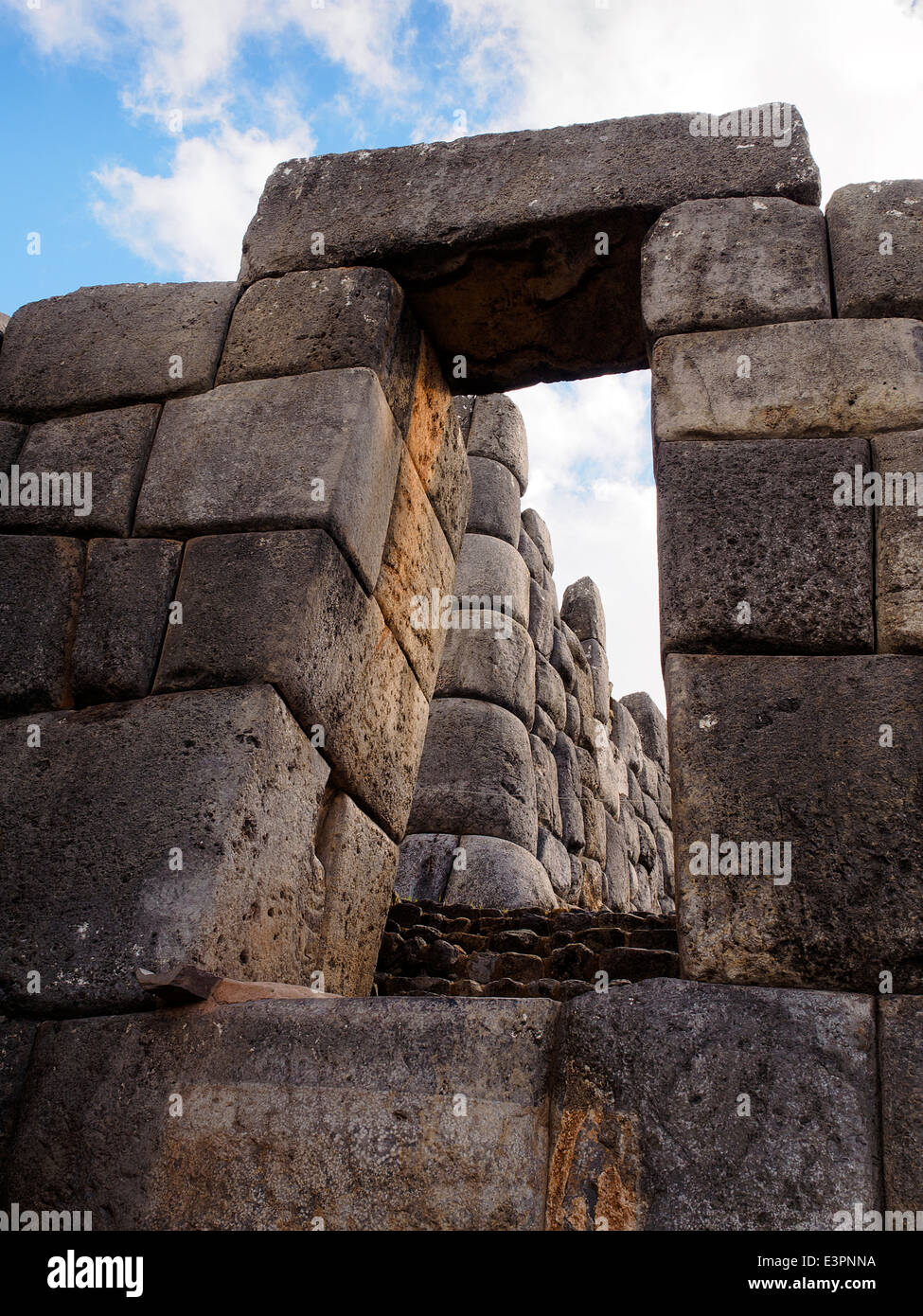 Large polished dry stone walls of the Saksaywaman military Inca complex ...