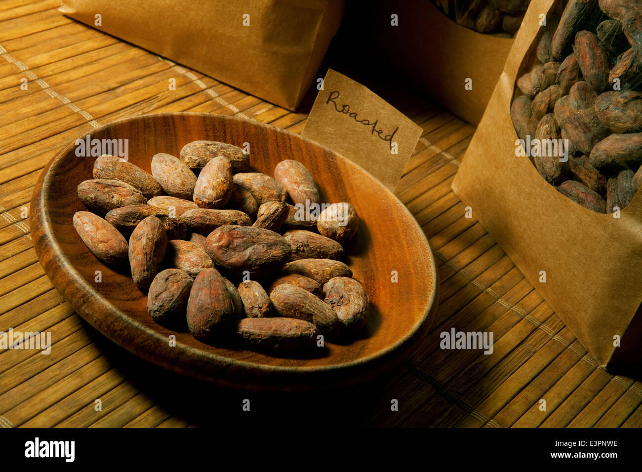 Roasted cocoa beans nut husks with chocolate beans inside Theobroma ...