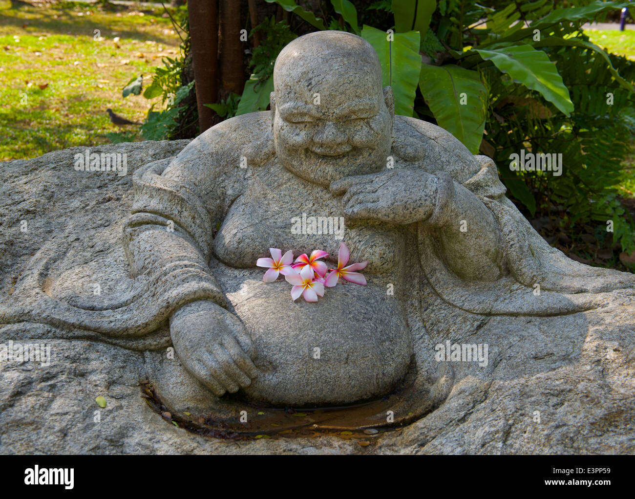 Smiling Buddha with Frangipani flowers in the Chinese garden, Gardens ...