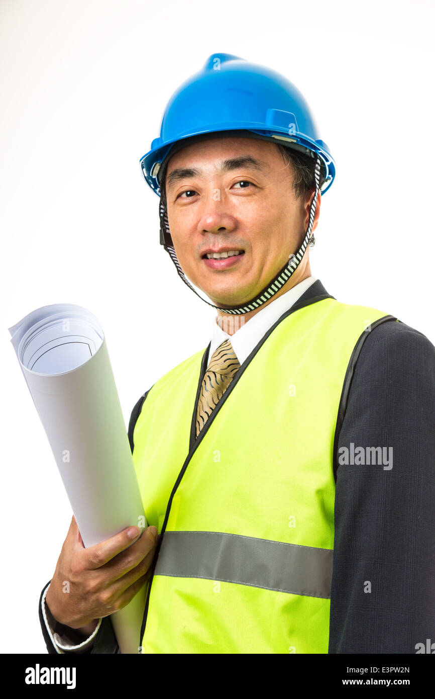 Asian male construction worker on white background Stock Photo - Alamy