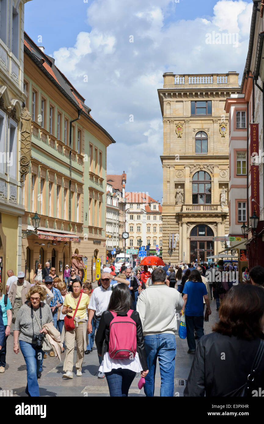 A traditional narrow street with cobblestone between buildings, Prague ...