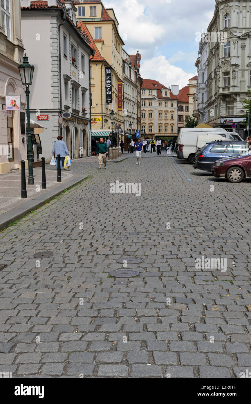 A traditional street in City of Prague with cobblestone, Prague, Czech ...