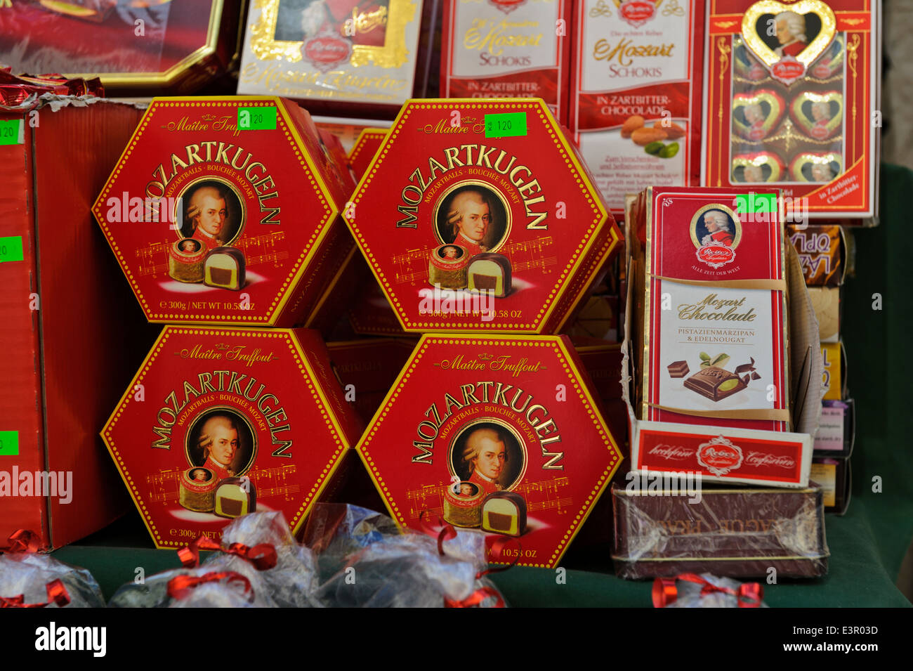 Boxes of Mozart chocolate on sale in Havel street market, Prague, Czech ...