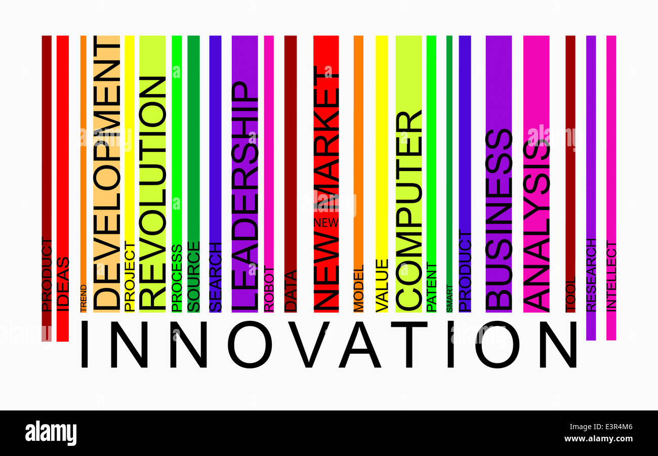 Innovation word concept in barcode with supporting words, modern ...