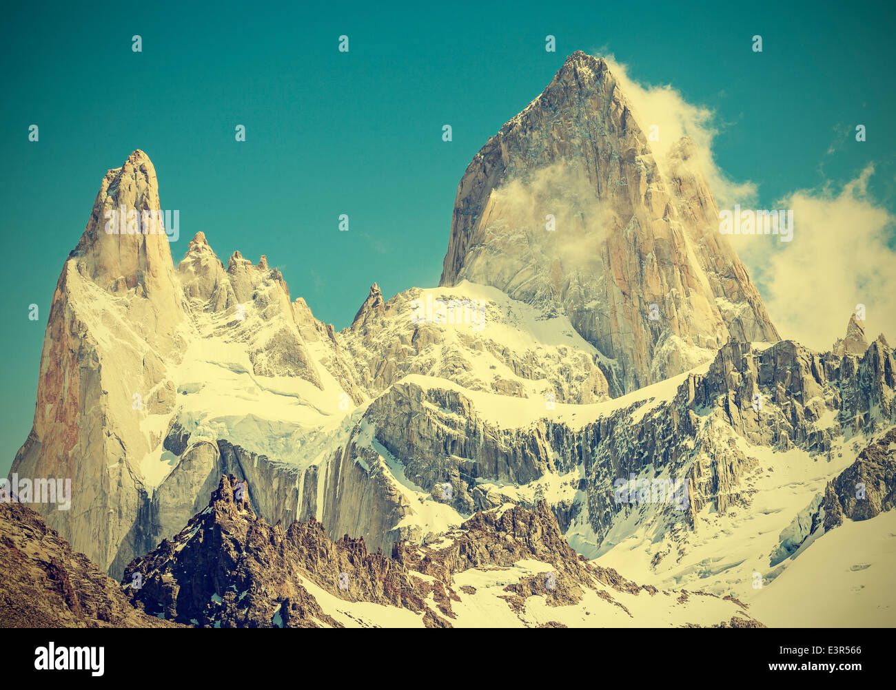 Fitz Roy Mountain Range, Argentina, vintage retro style Stock Photo - Alamy