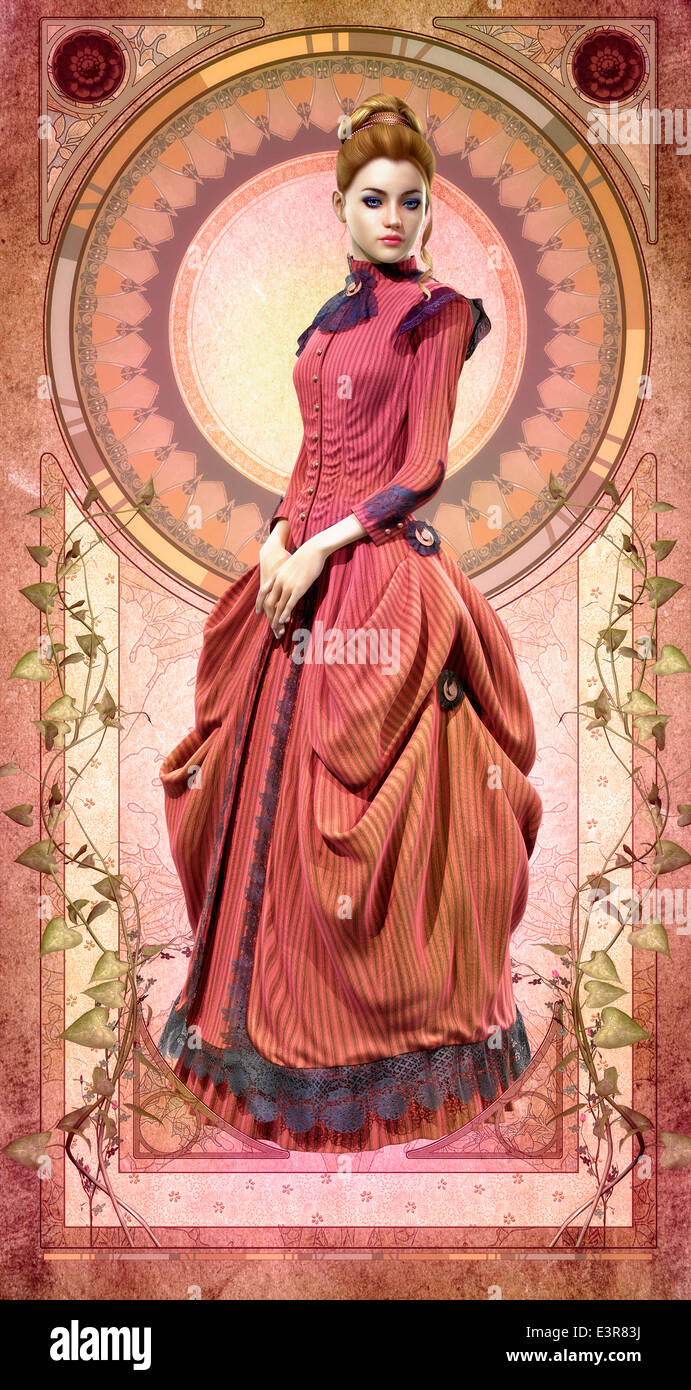 3D computer graphics of a young woman with a pink dress from the 19th ...