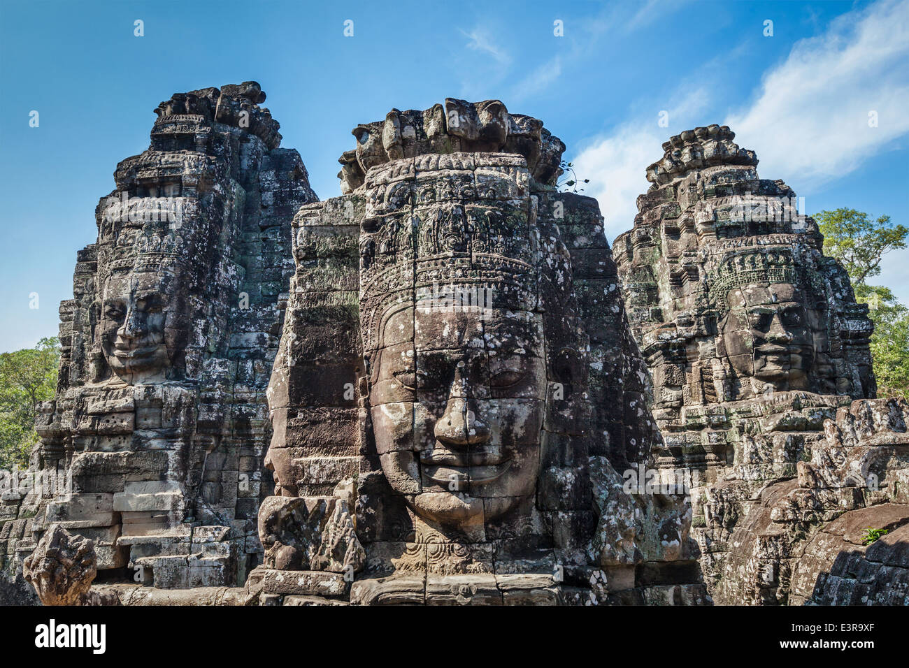 Ancient stone faces of Bayon temple, Angkor, Cambodia Stock Photo - Alamy