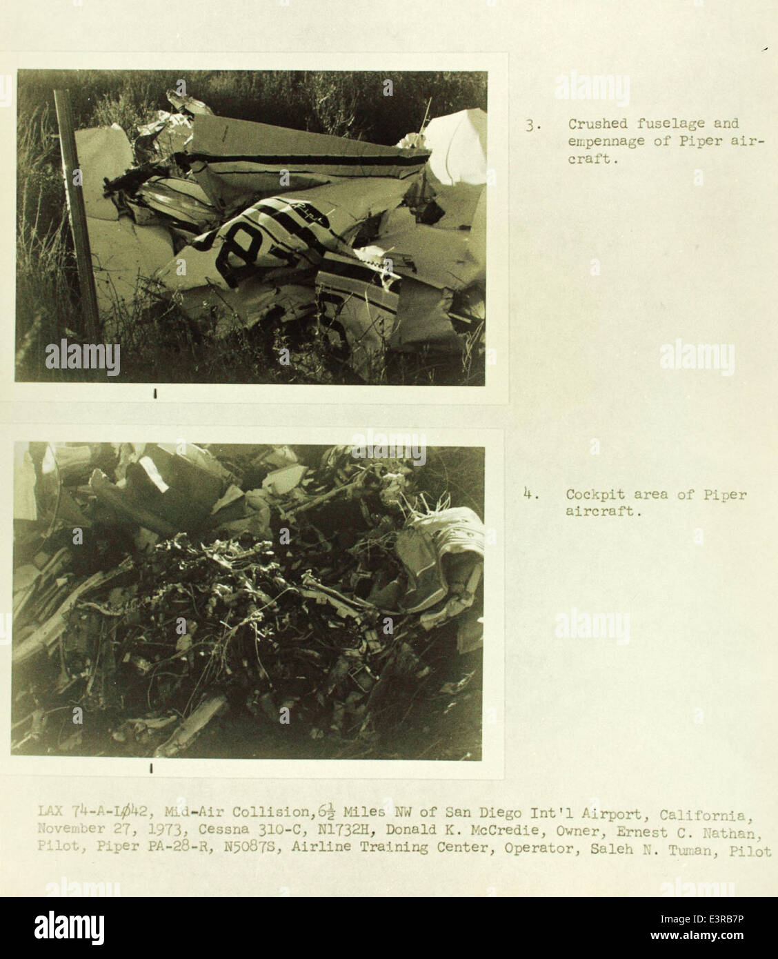 This image documents the 1973 aircraft accident involving a Piper PA-28 ...