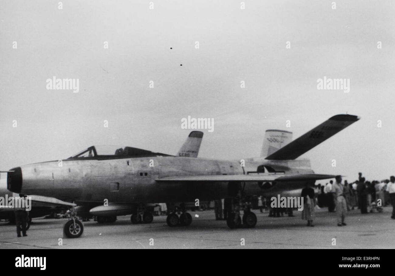 The photo shows a Republic XF-91 Thunderceptor aircraft, tail-number 46 ...