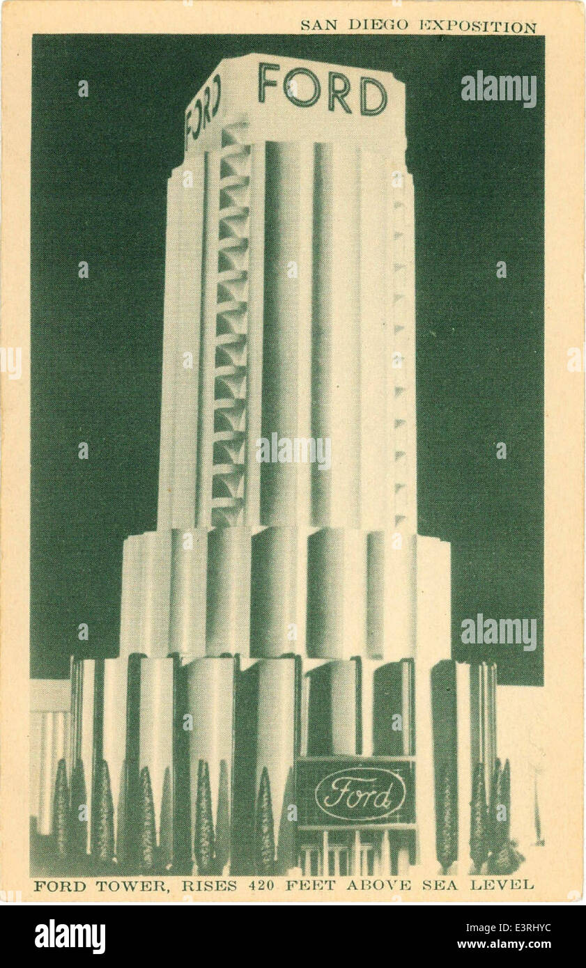 This postcard features the Ford Tower, a notable landmark. The tower ...